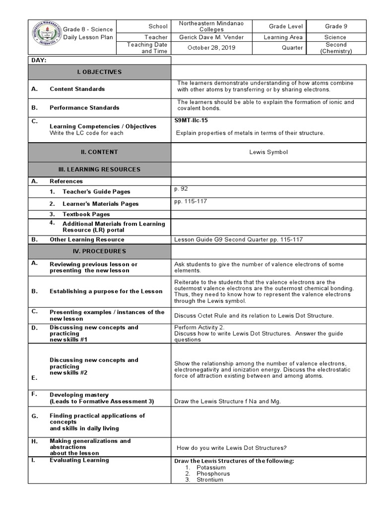 Grade 9 Science Lesson Plan (Chemistry) | PDF | Valence (Chemistry ...