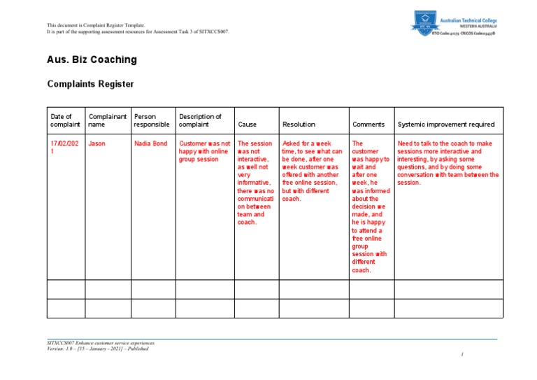 Complaint Register Template for Customers | PDF | Communication | Business