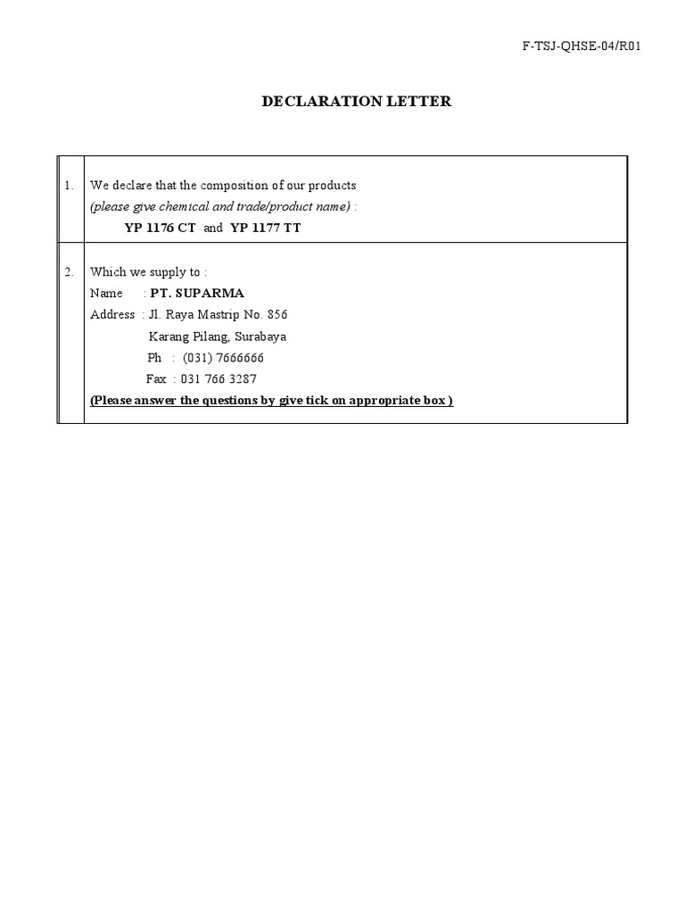Declaration Letter: (Please Give Chemical and Trade/product Name) | PDF ...
