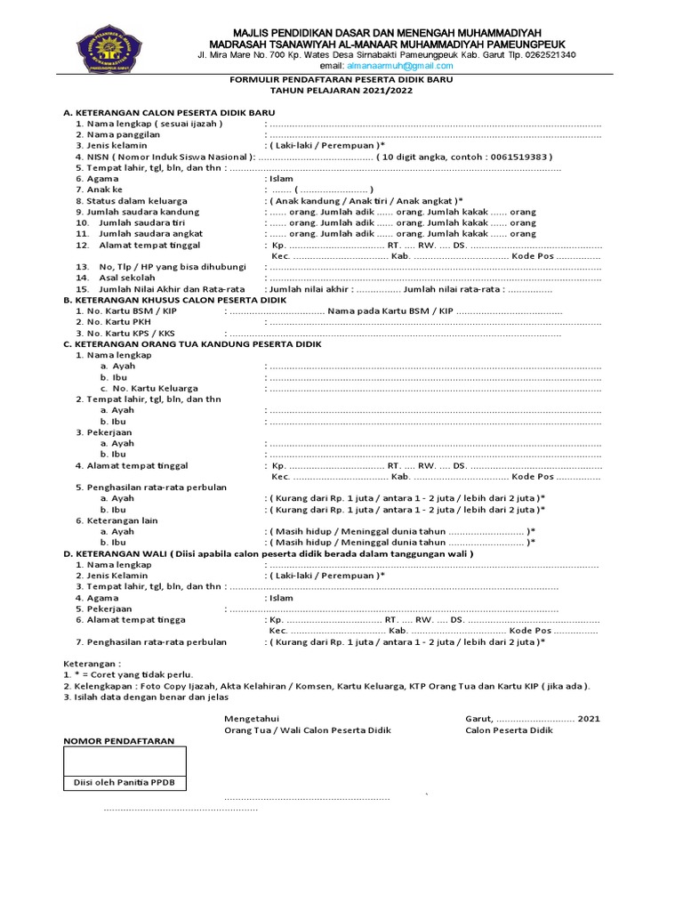 Formulir Pendaftaran Peserta Didik Baru | PDF
