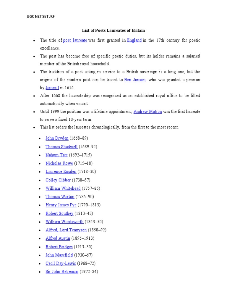 List of Poets Laureate of Britain | PDF