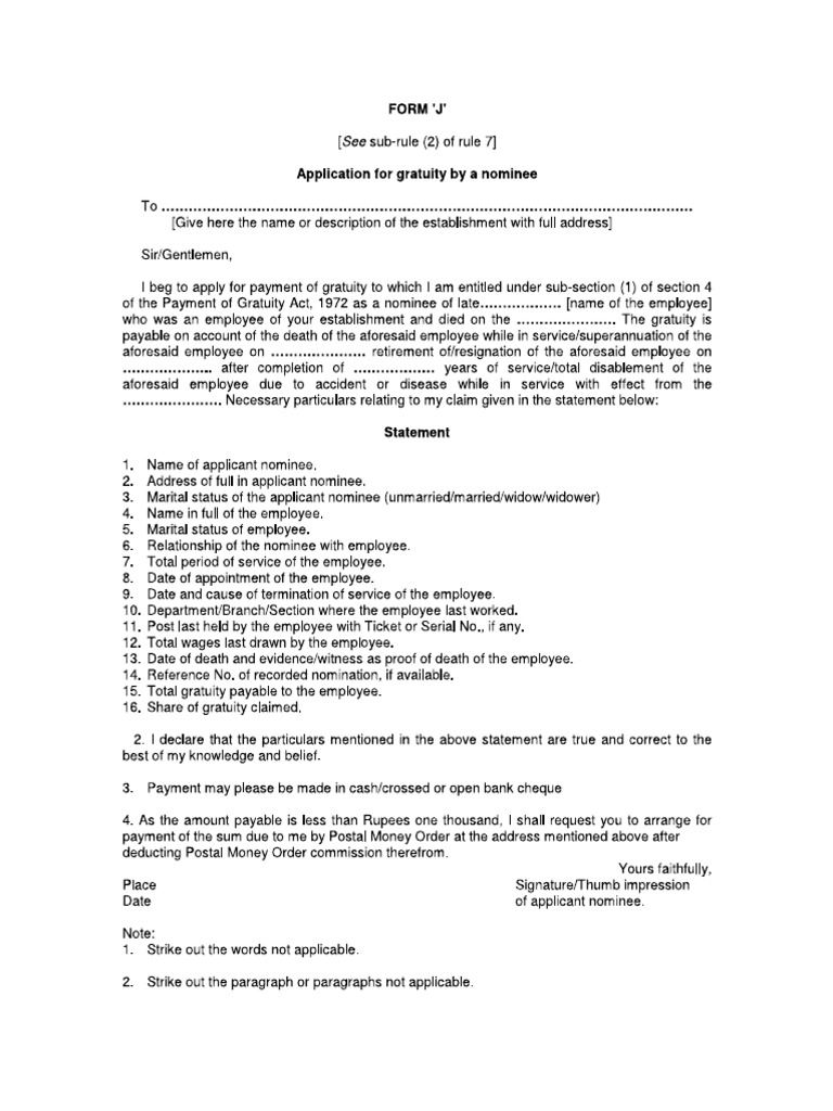 None Gratuity Form Form J | PDF