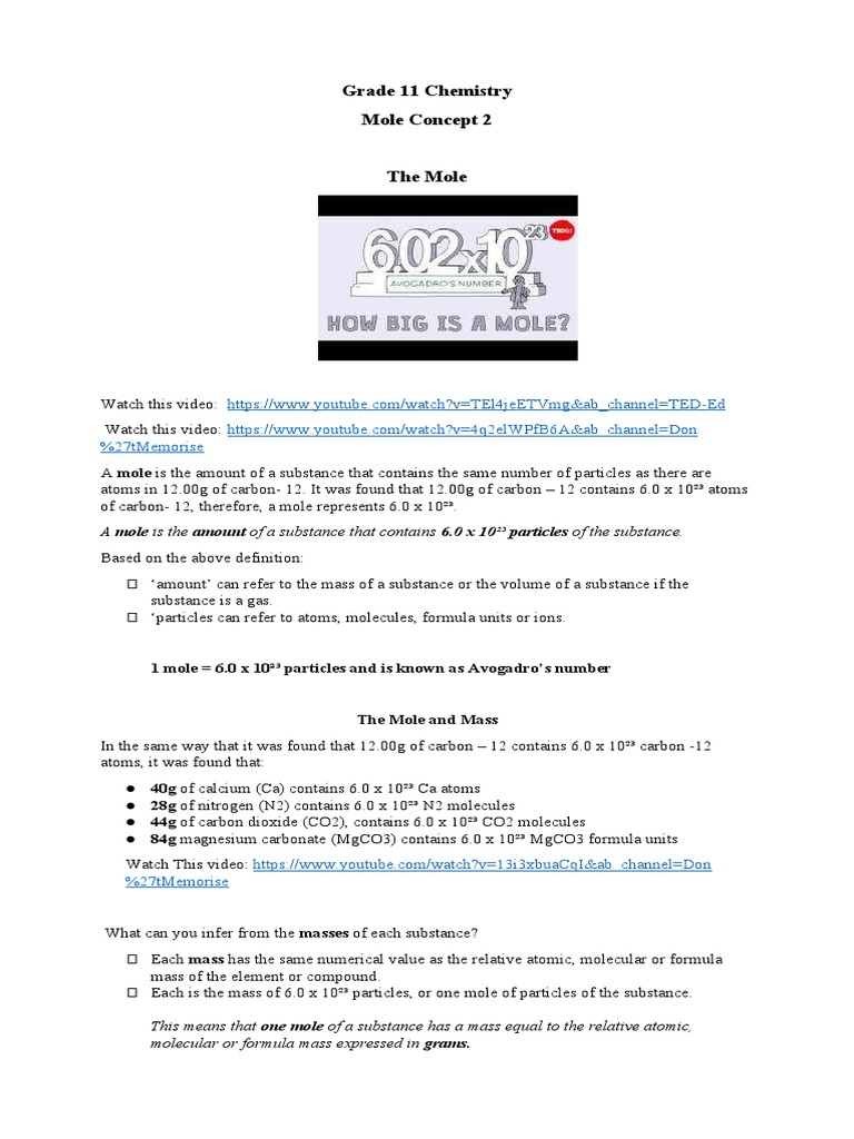 Grade 11 Chemistry Mole Concept 2: 'Tmemorise | PDF | Mole (Unit ...