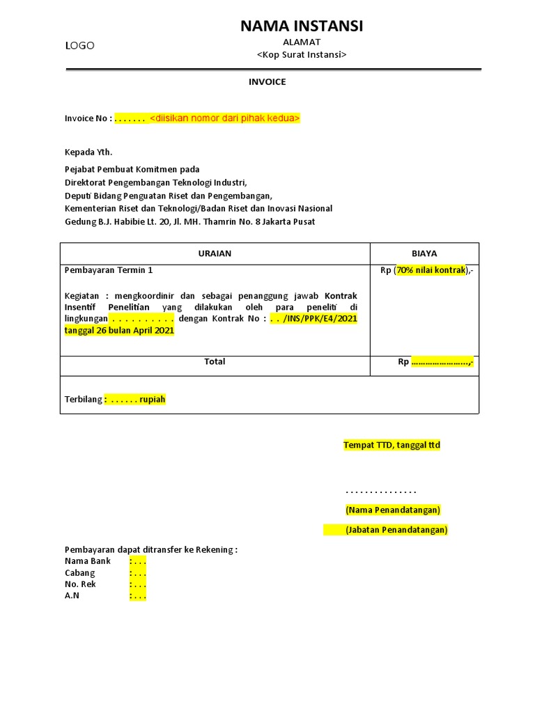 Invoice Pencairan - INS 2021 - 2 Termin | PDF