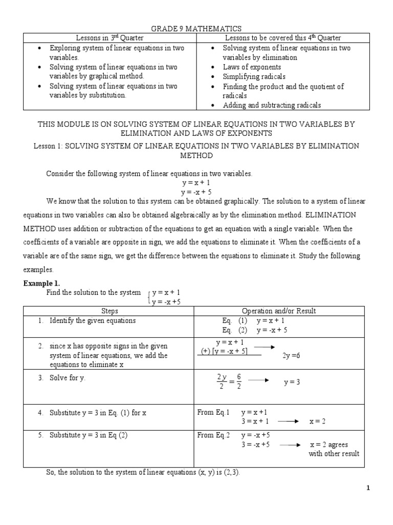 Grade 9 Week 11 | PDF | System Of Linear Equations | Equations