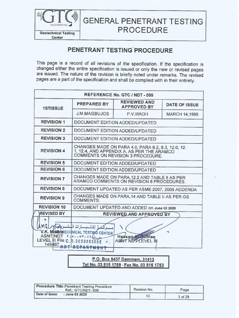 General Penetrant Testing Procedure | PDF | Nondestructive Testing ...