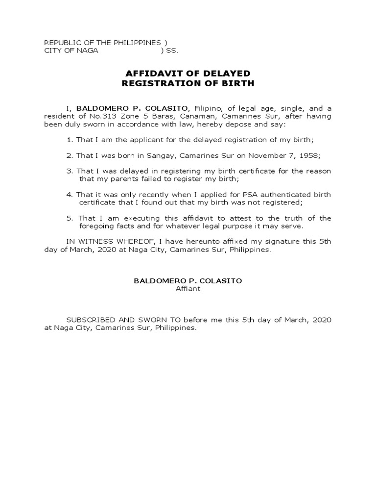 Affidavit for Delayed Birth Registration | PDF | Law