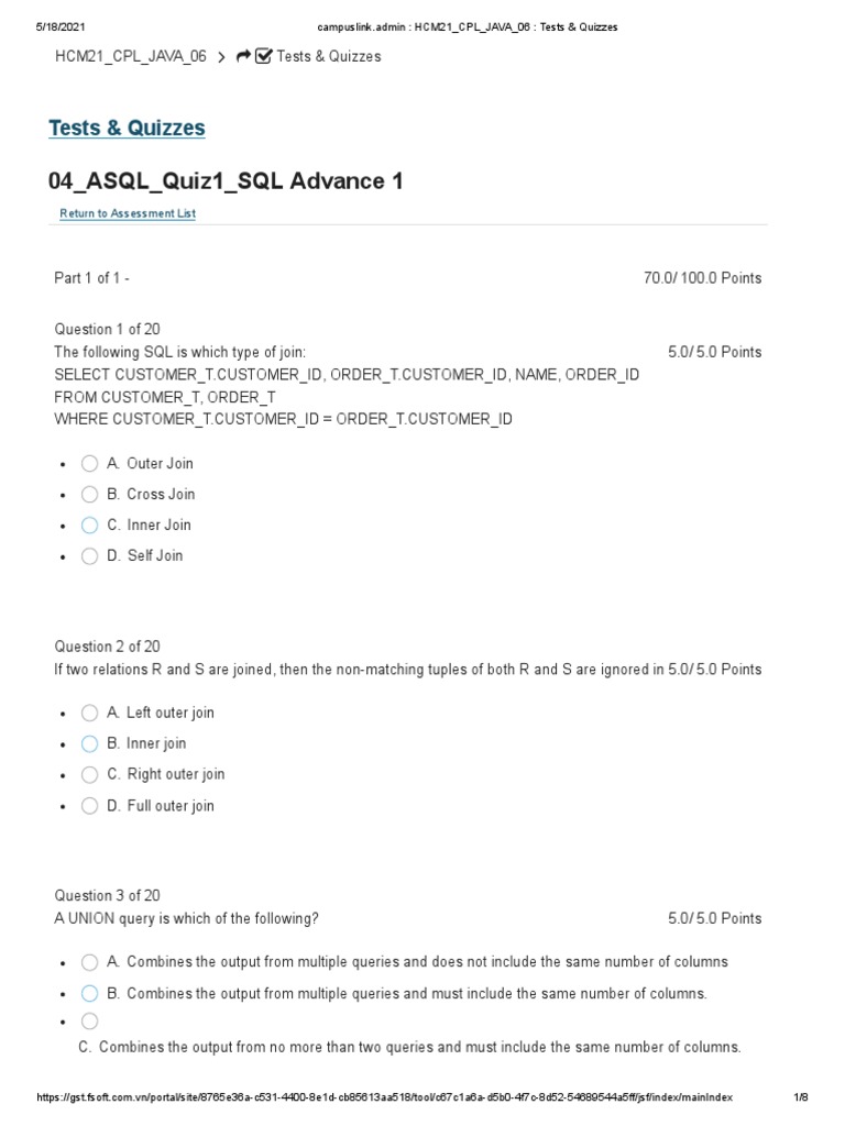 04 - ASQL - Quiz1 - SQL Advance 1: Tests & Quizzes | PDF | Sql ...