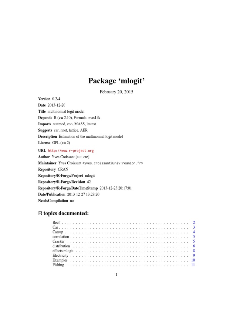 Package Mlogit': R Topics Documented | PDF | Logistic Regression | Correlation And Dependence