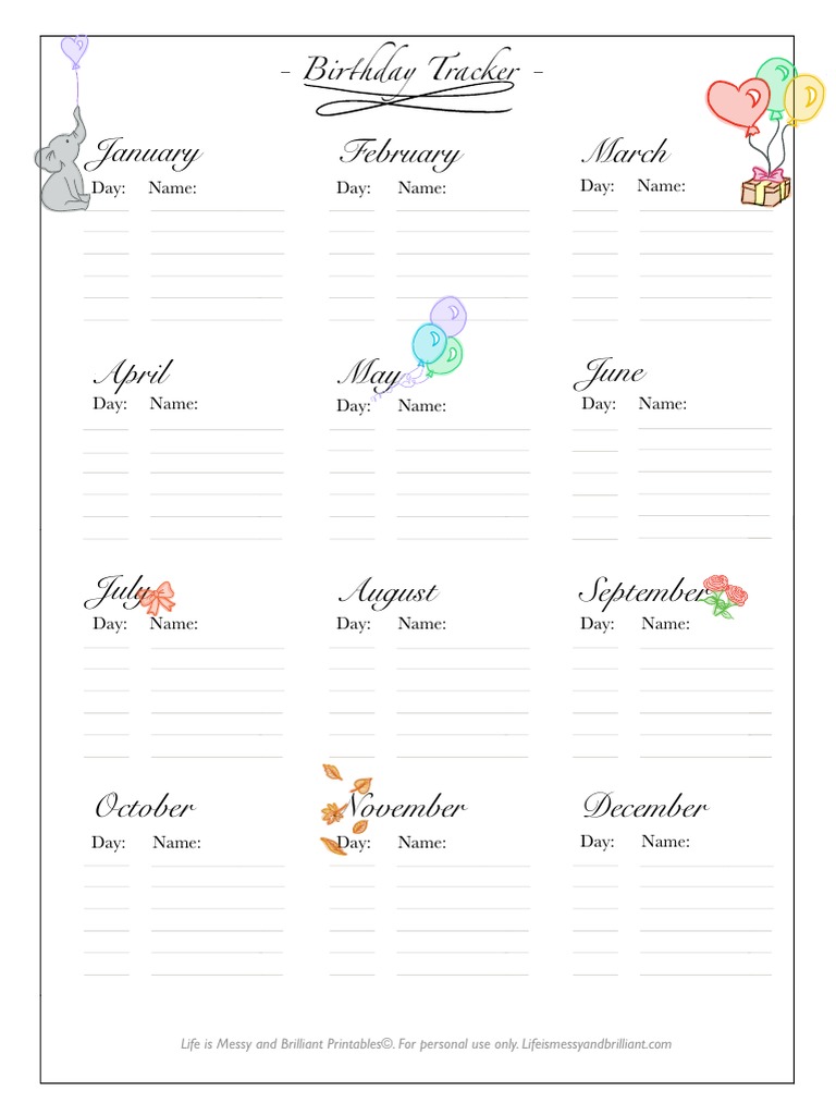 Bullet Journal - Birthday Tracker - Free Printable | PDF
