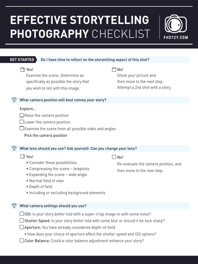 Effective Storytelling Checklist | PDF | Camera | Camera Lens