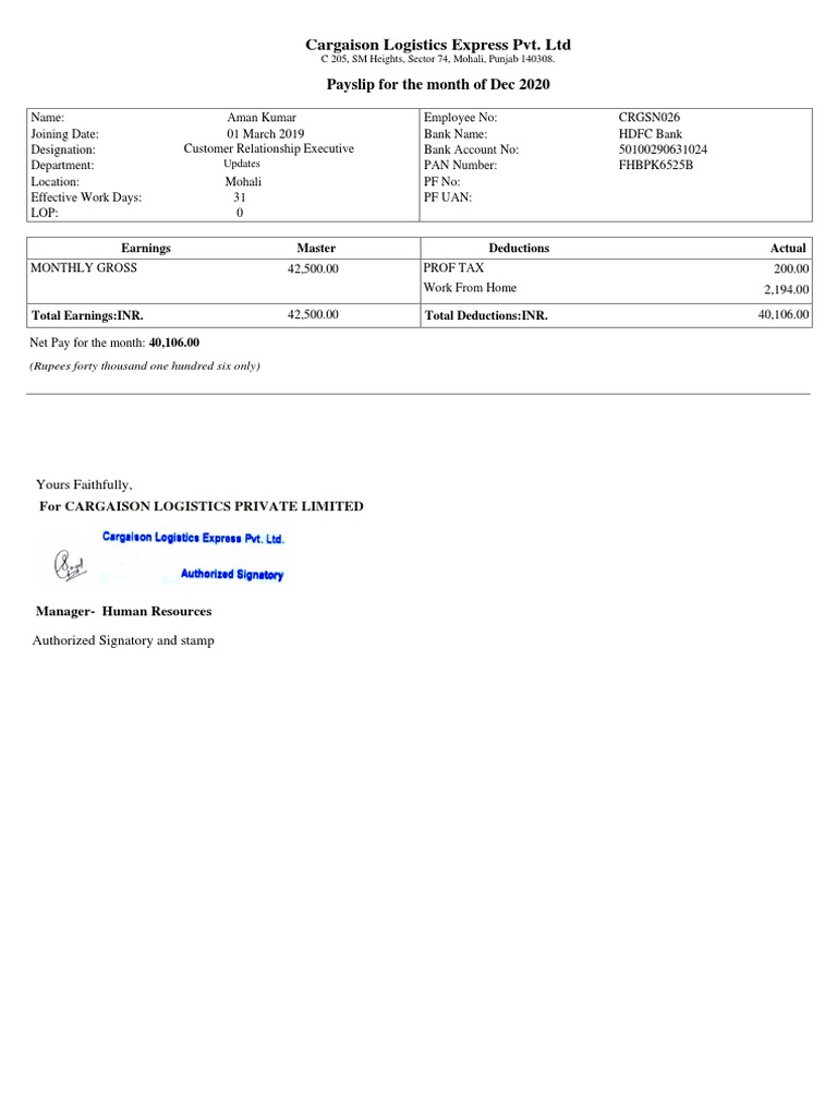Payslip-Dec 2020 Aman | PDF