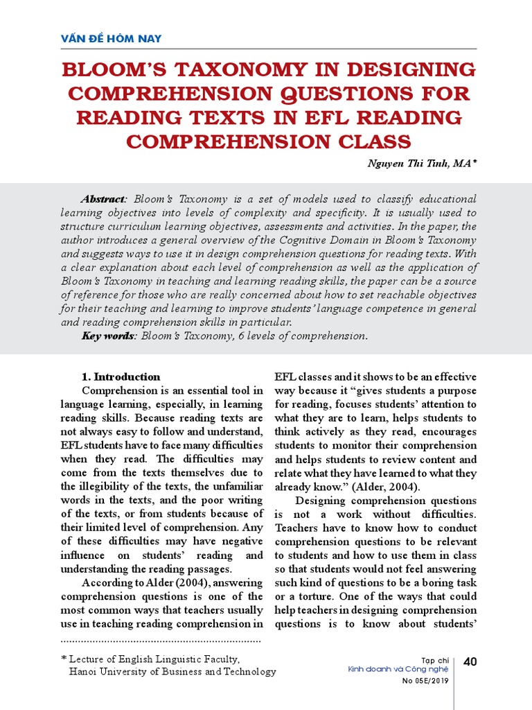 EFL Teachers: Bloom's Taxonomy Guide | PDF | Reading Comprehension ...