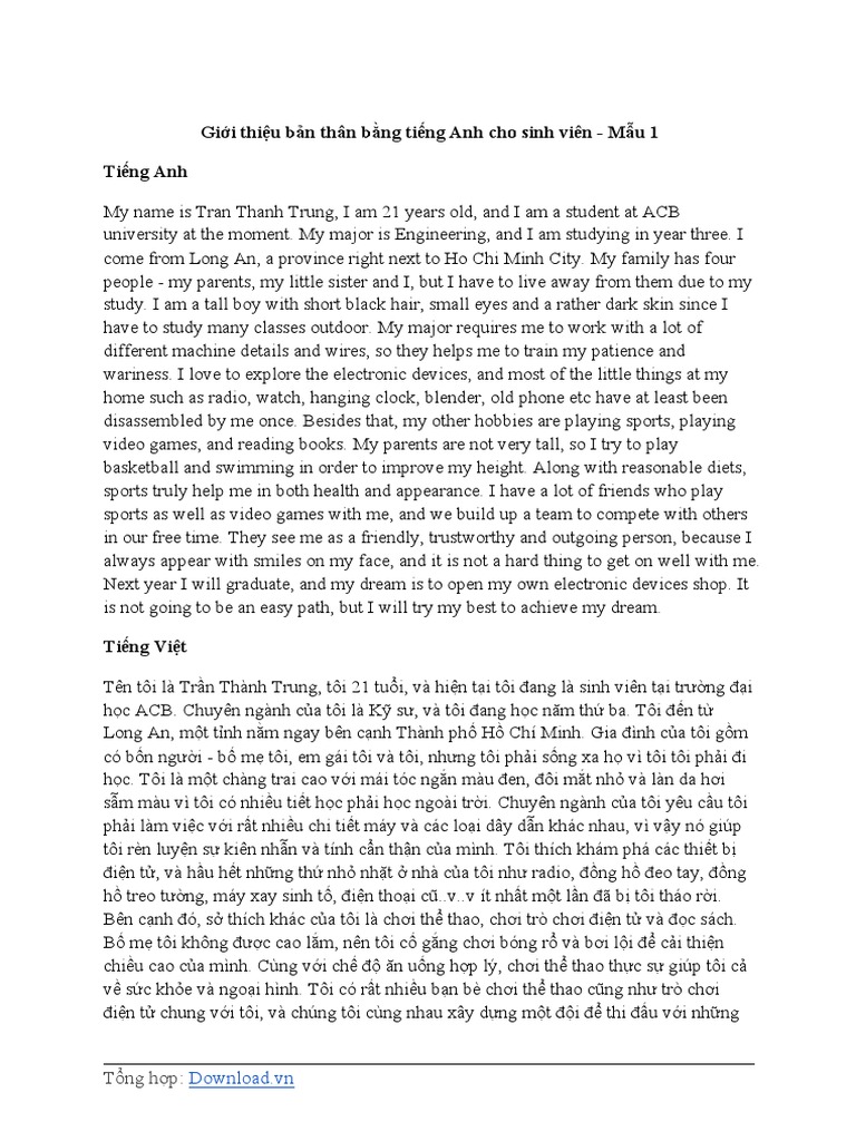 Gioi Thieu Ban Than Bang Tieng Anh Cho Sinh Vien | PDF