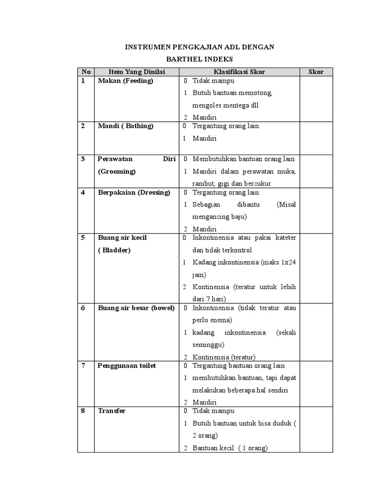 Instrumen Pengkajian Adl Dengan Barthel Indeks | PDF