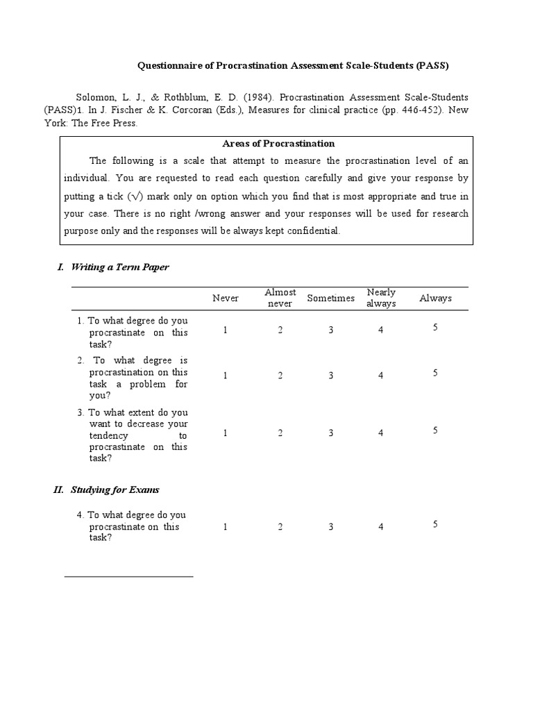 Questionnaire of Procrastination Assessment Scale | PDF ...