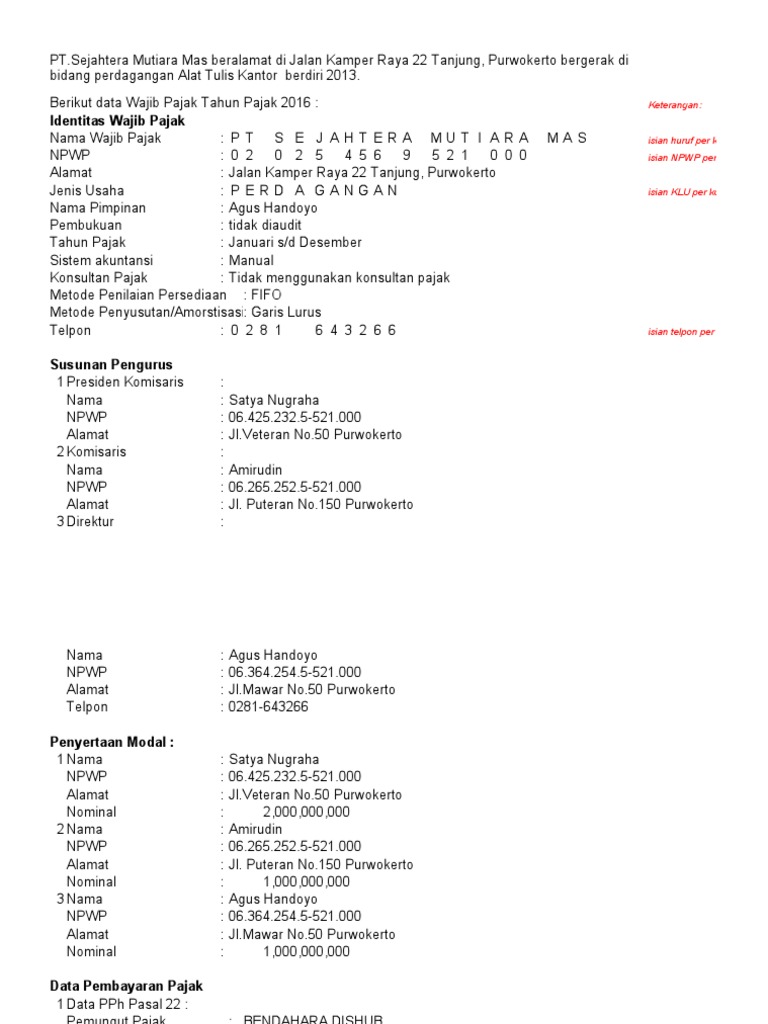 Contoh Pengisian SPT PPH Badan 1771 | PDF