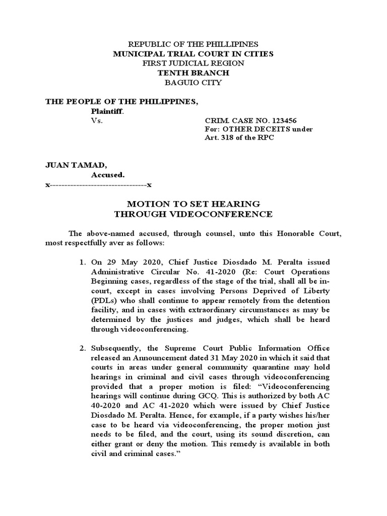 Motion for Videoconference Hearing | PDF | Judge | Legal Remedy