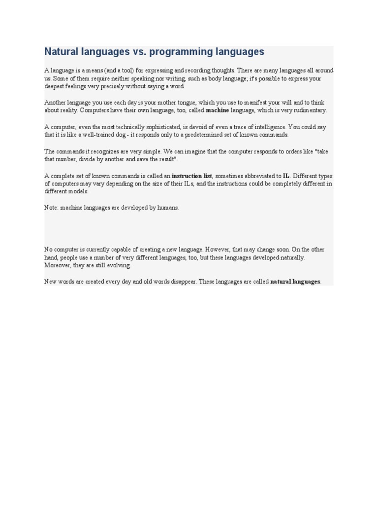 Natural Languages Vs | PDF | Computer Program | Programming