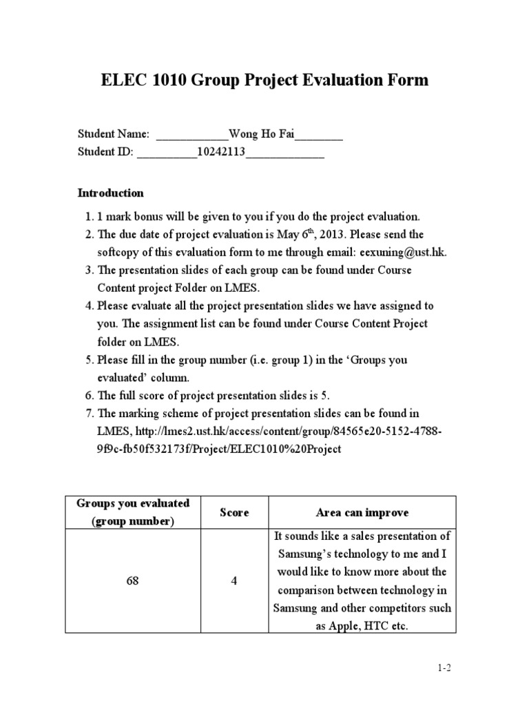 ELEC 1010 Group Project Evaluation Form | PDF