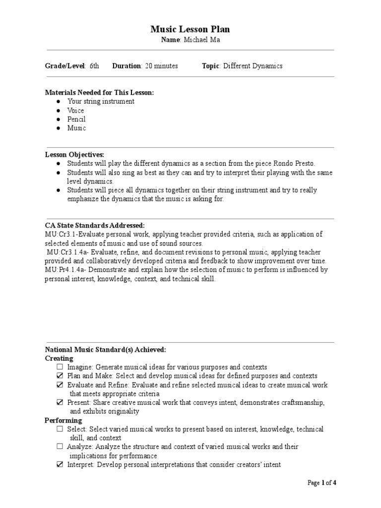 Music Lesson Plan: Name: Michael Ma | Download Free PDF | Pedagogy ...