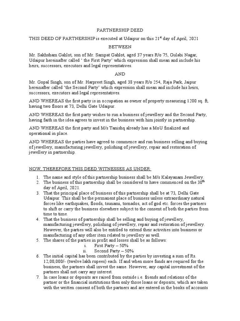 Partnership Deed | PDF | Partnership | Deposit Account