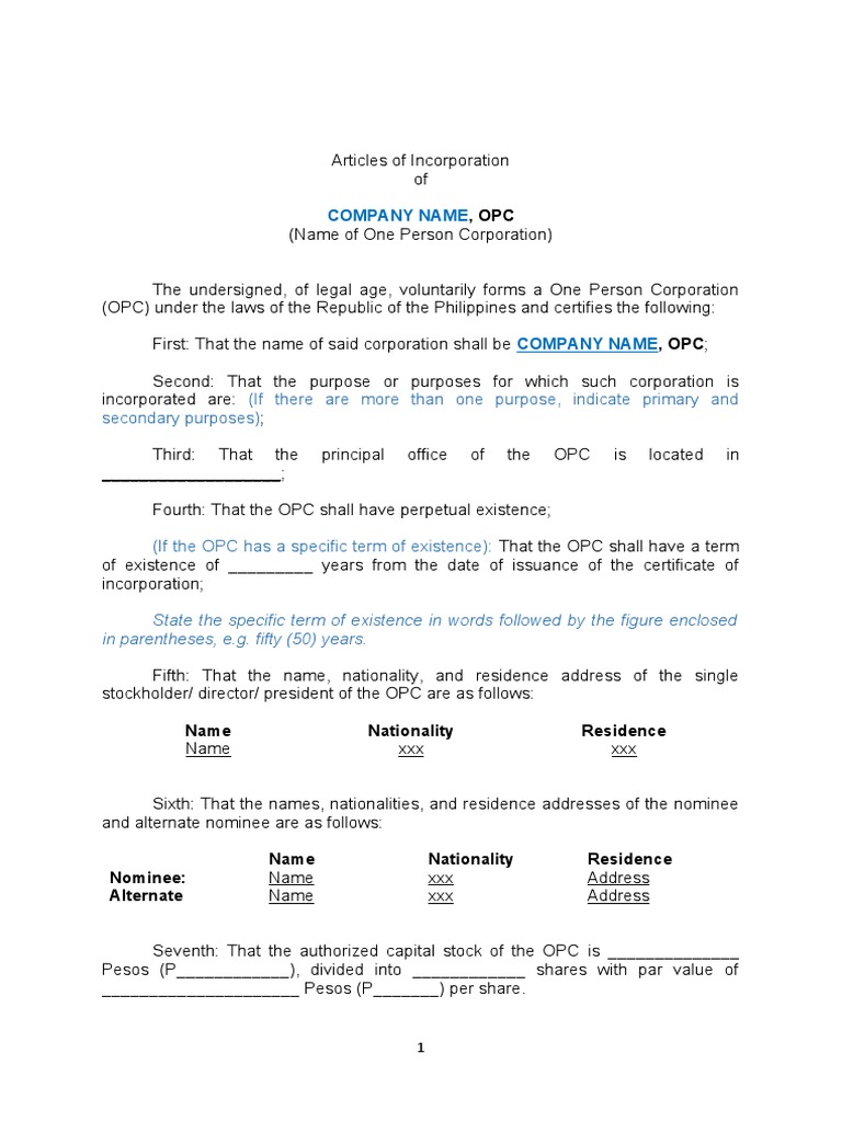 OPC AOI For Natural Person (Template) | Download Free PDF ...