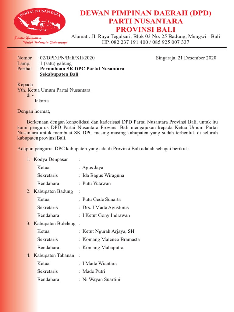 SRT Permohonan SK DPC Partai Nusantara | PDF
