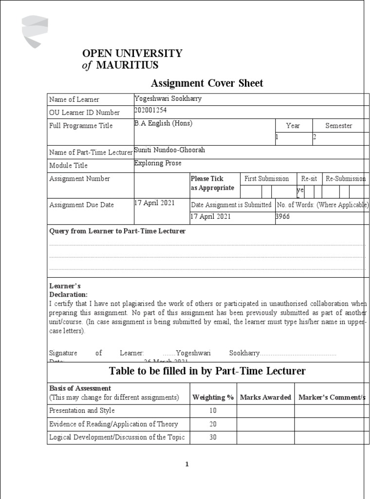 Of Mauritius: Open University Assignment Cover Sheet | PDF | Plot ...
