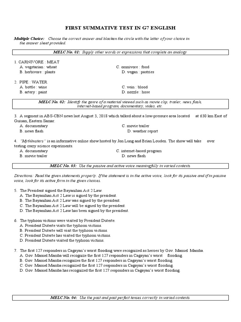 Grade 7 English First Summative Test | PDF | Clause | Sentence ...