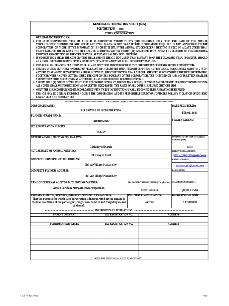 General Instructions: Stock Corporation: General Information Sheet (Gis ...