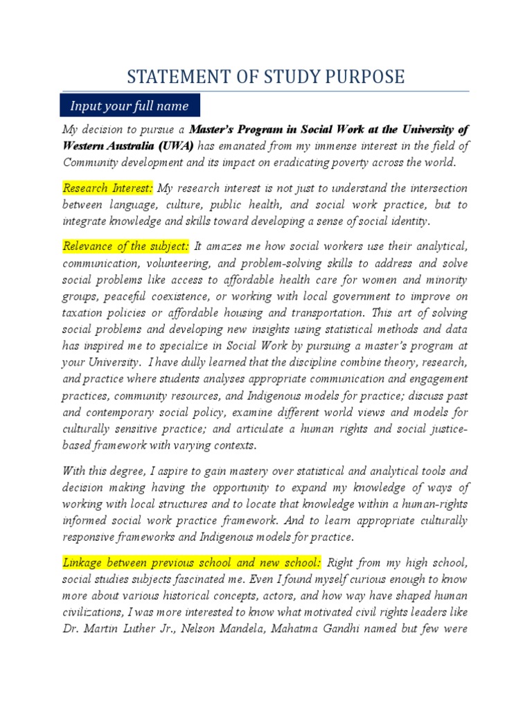 STATEMENT OF PURPOSE Template | PDF | Social Work | Sociology