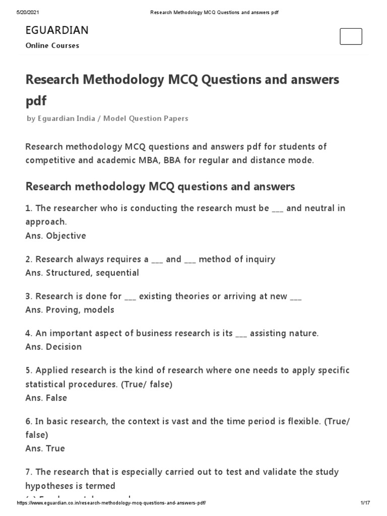 Research Methodology MCQ Questions and Answers PDF | PDF | Research ...