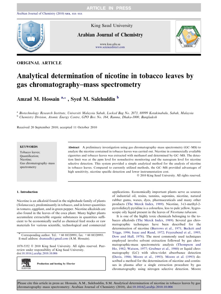 Nicotine Analysis in Tobacco Leaves by GC-MS | PDF | Gas Chromatography ...