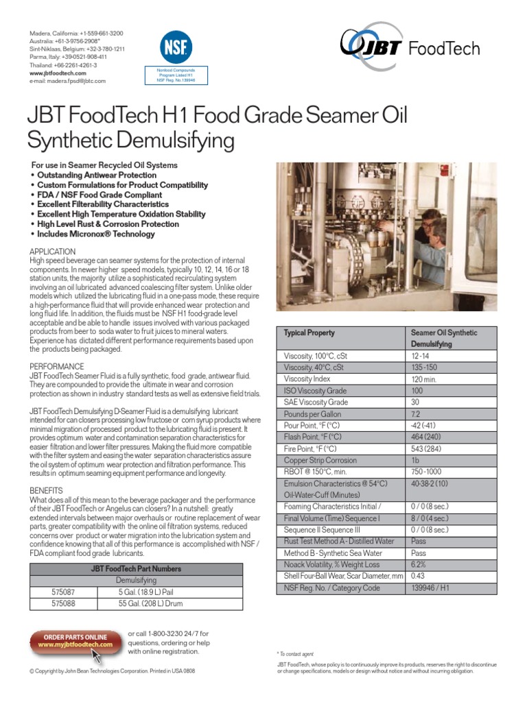 JBT Foodtech H1 Food Grade Seamer Oil Synthetic Demulsifying | PDF ...