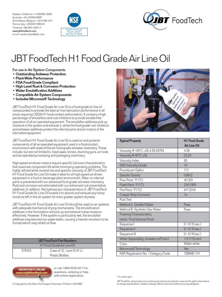 JBT Foodtech H1 Food Grade Air Line Oil | PDF | Fires | Dangerous Goods