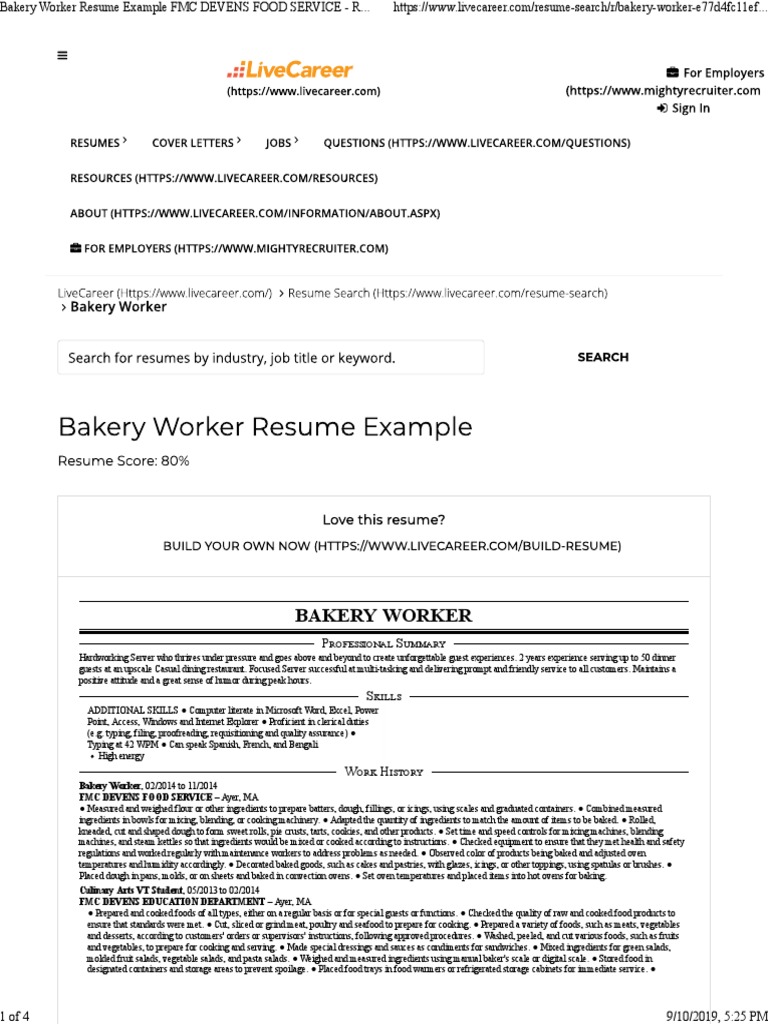 Bakery Worker Resume Example FMC DEVENS FOOD SERVICE - Rockville ...