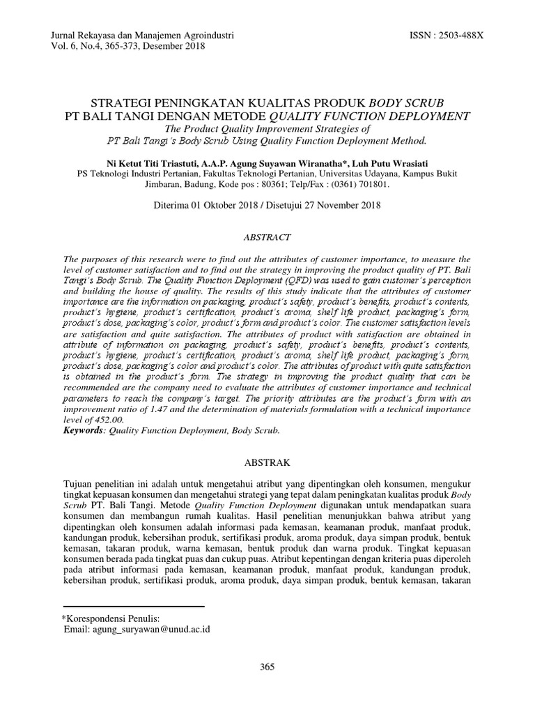 Strategi Peningkatan Kualitas Produk Body Scrub PT Bali Tangi Dengan Metode Quality Function ...