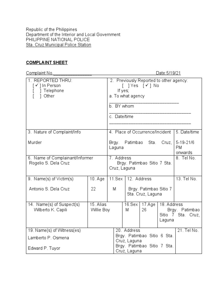 Sample Format of Complaint Sheet (Other Crimes) | PDF | Murder | Misconduct
