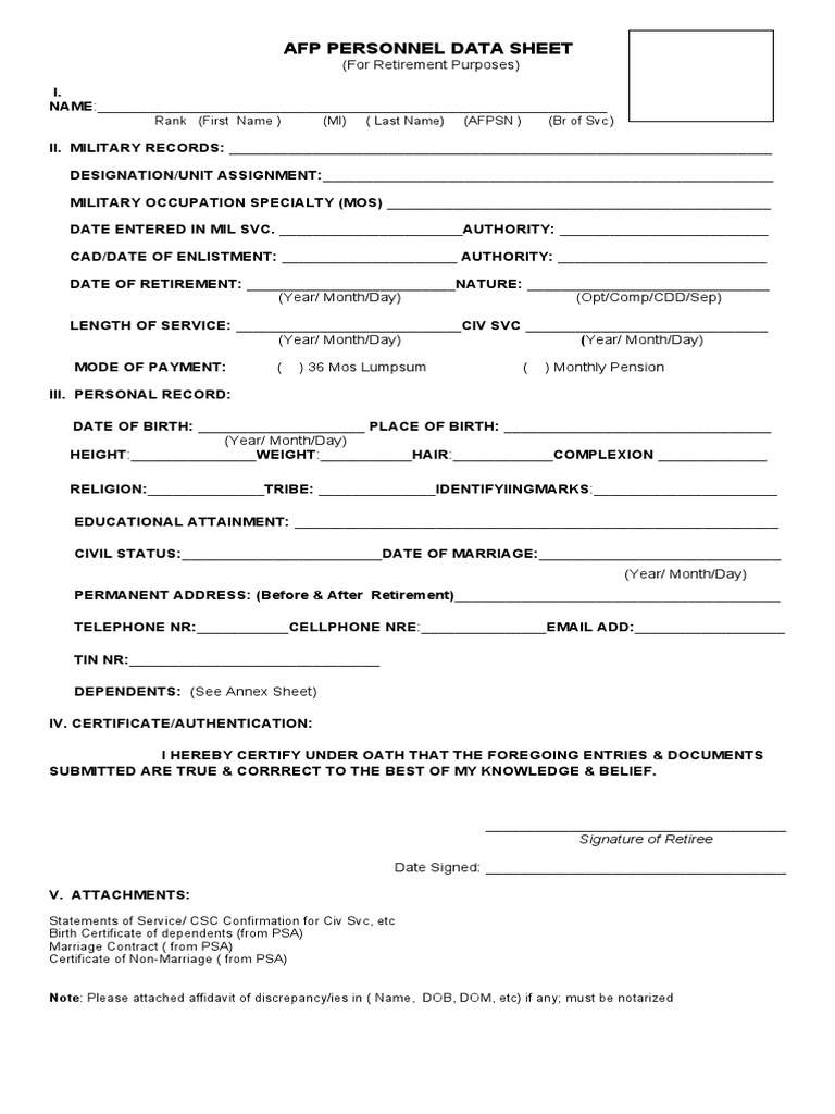 Afp Personnel Data Sheet: Signature of Retiree | PDF | Document | Civil ...