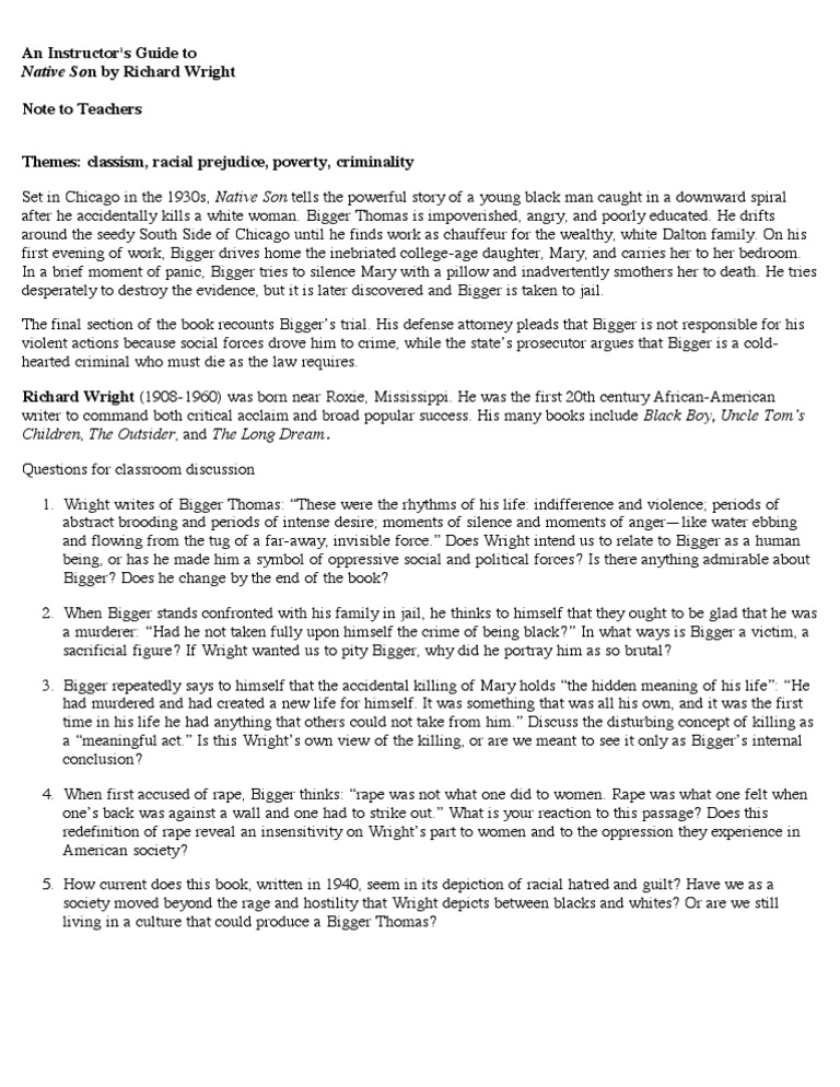 Native Son by Richard Wright - Teacher Study Guide | PDF | Crime ...