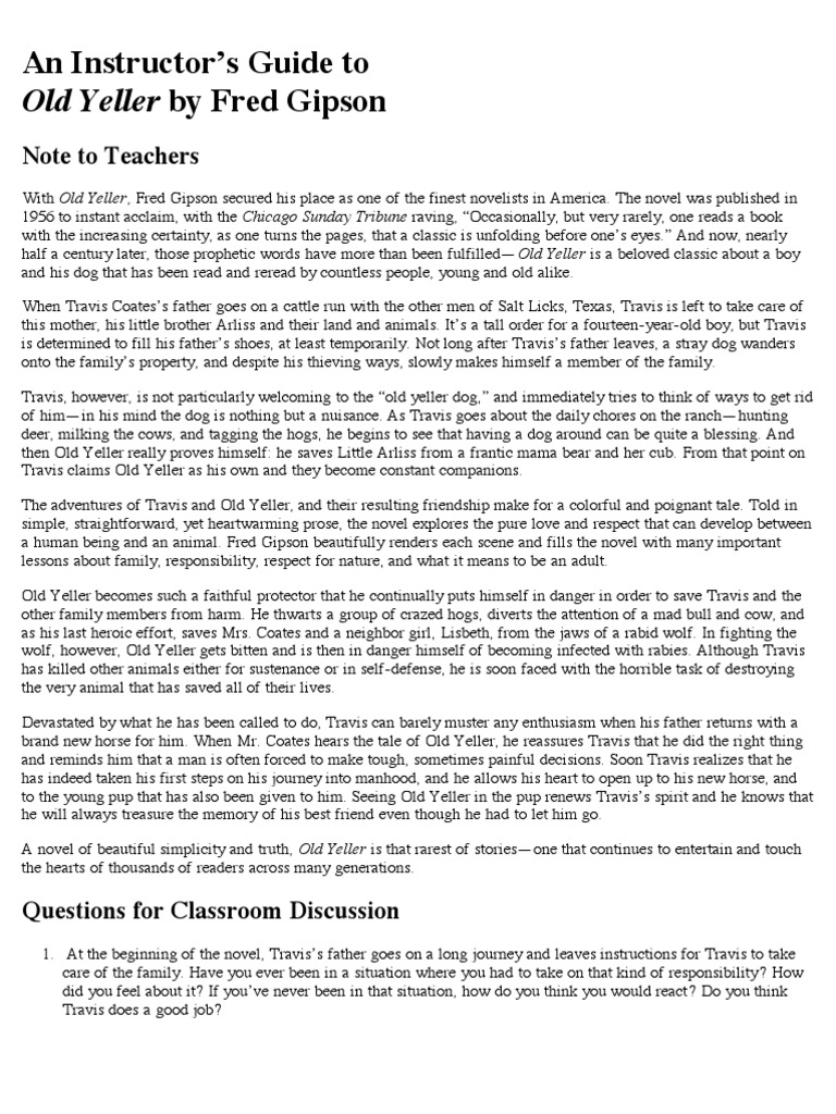 Old Yeller by Fred Gipson - Teacher Study Guide | PDF