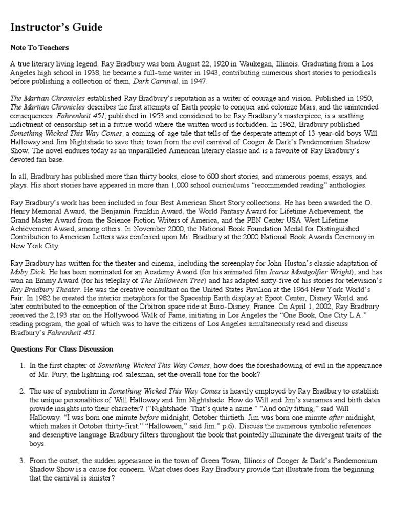 Something Wicked This Way Comes by Ray Bradbury - Teacher Study Guide ...