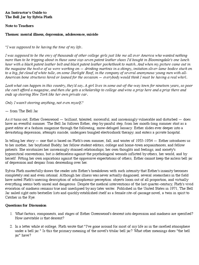 The Bell Jar by Sylvia Plath - Teacher Study Guide | PDF | Psychology
