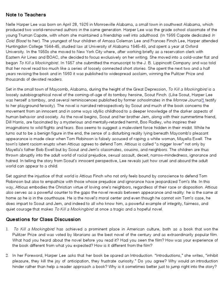 To Kill A Mockingbird by Harper Lee - Teacher Study Guide | PDF | To ...