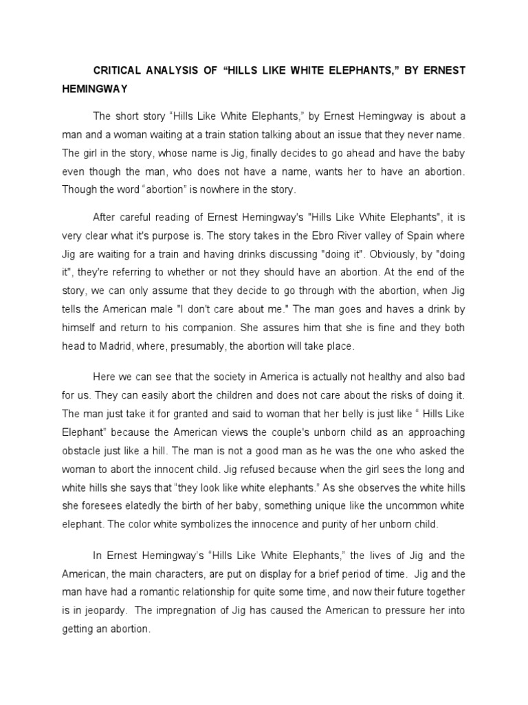 Critical Analysis of "Hills Like White Elephants," by Ernest Hemingway ...