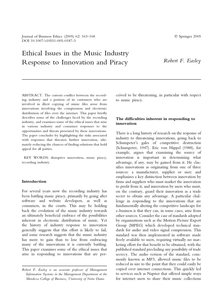 Ethical Issues in The Music Industry Response To Innovation and Piracy ...