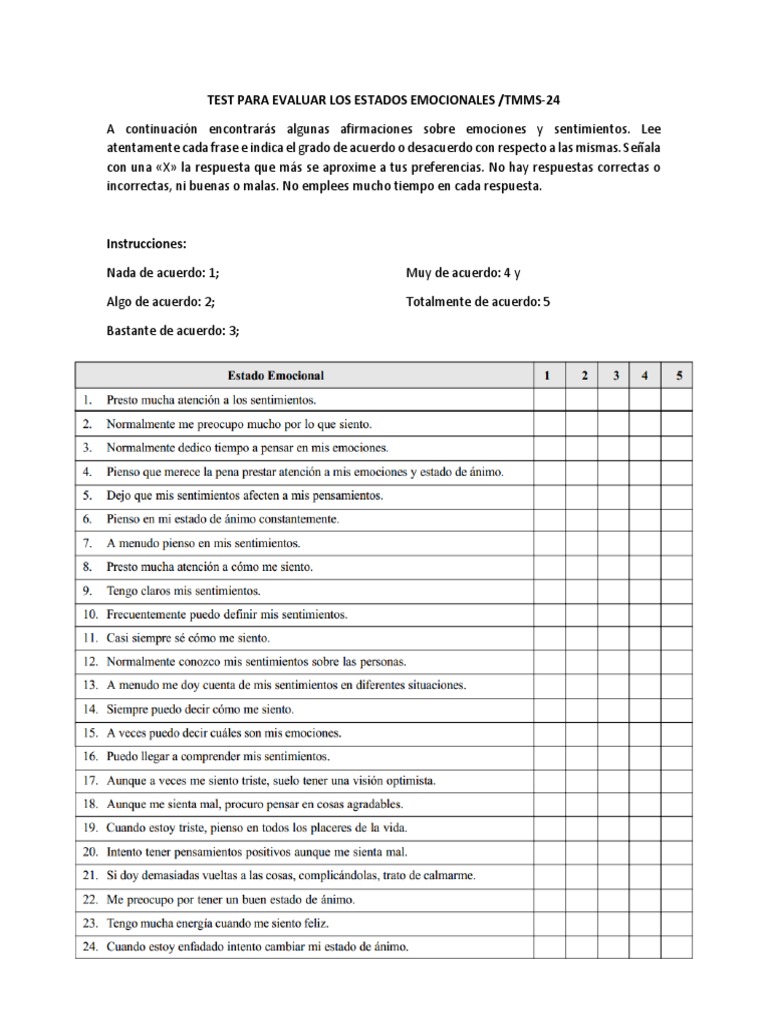 Test TMMS-24 para Evaluar Emociones | PDF | Salud y bienestar