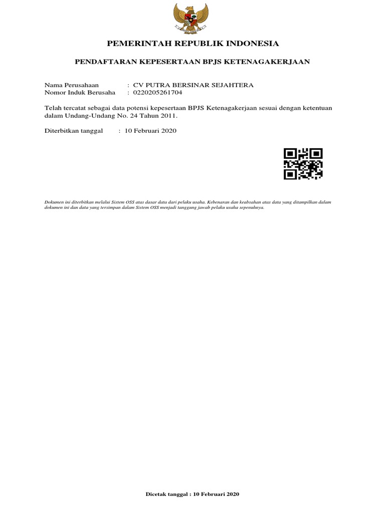 Bpjs - TK - CV Putra Bersinar Sejahtera | PDF