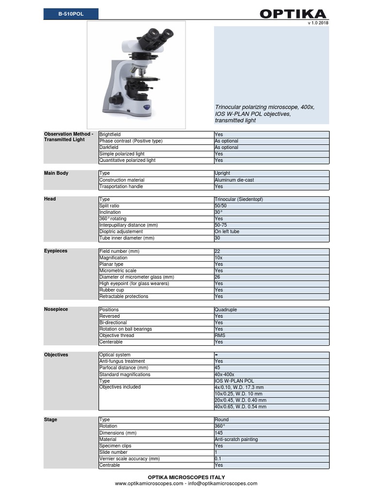 OPTIKA B-510POL Technical Datasheet en | PDF